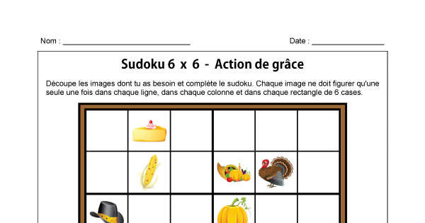 Sudoku 6×6 de l’Action de grâce – Animassiettes